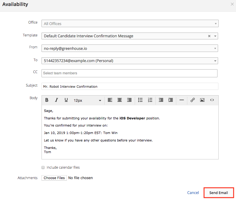 Send Interview Confirmation Email Greenhouse Support
