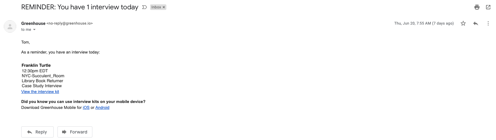 Daily interview reminder email – Greenhouse Support