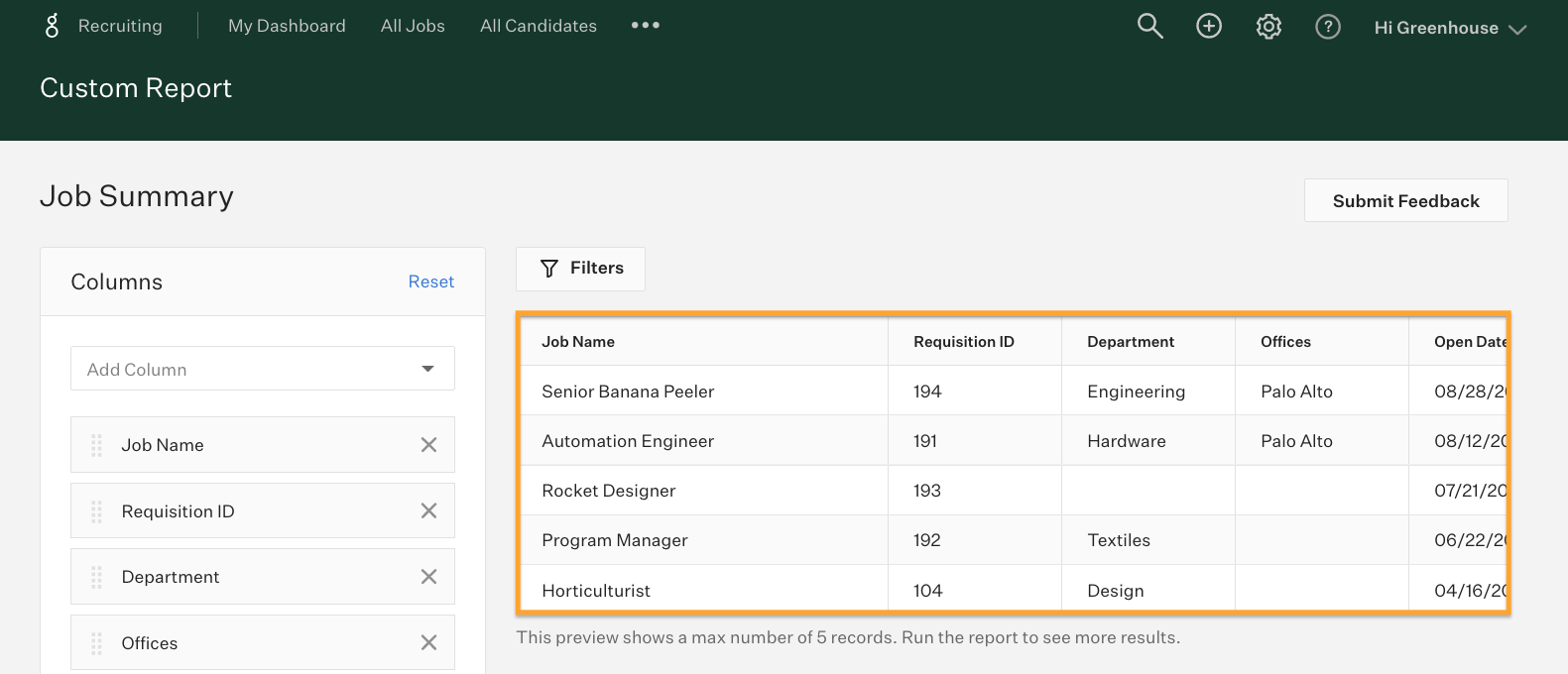 Create a custom report using Report Builder – Greenhouse Support