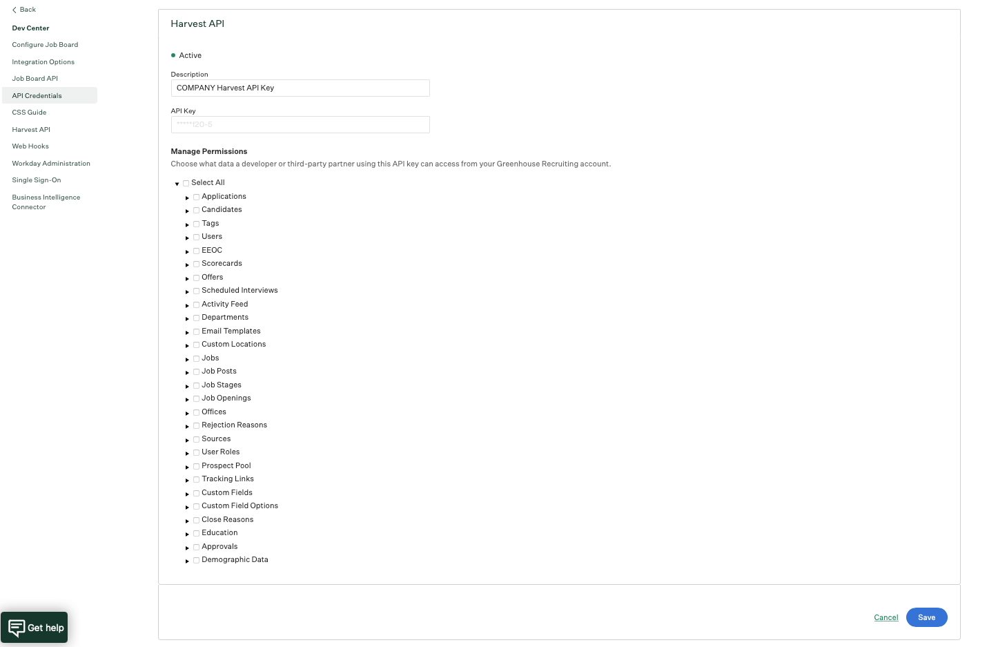 Manage Harvest API key permissions – Greenhouse Support